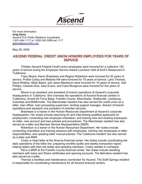 ascend federal credit union honors employees for years of service