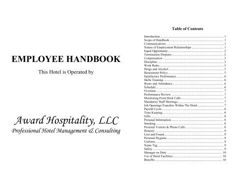 employee handbook - Hotel Management Company, Award Hospitality
