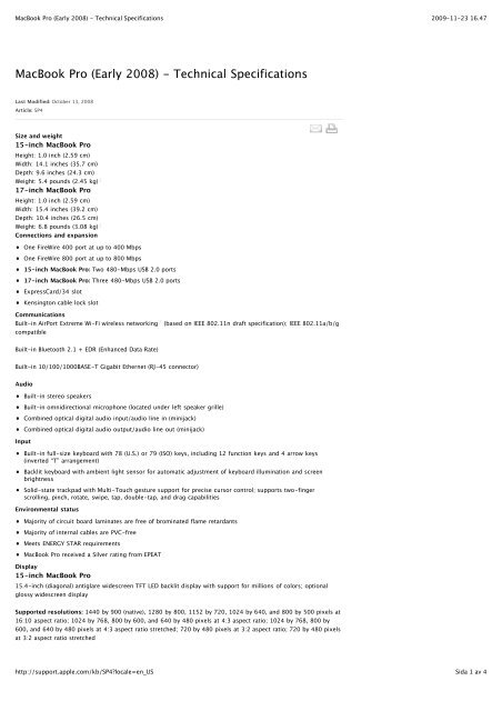 MacBook Pro (Early 2008) - Technical Specifications