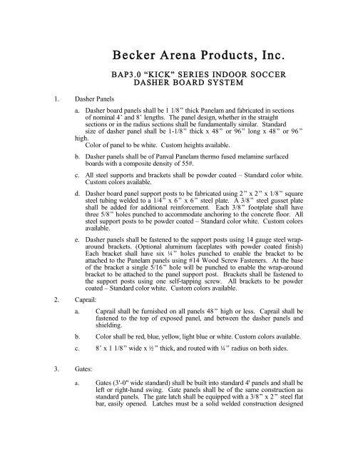 Specifications - Becker Arena Products, Inc.