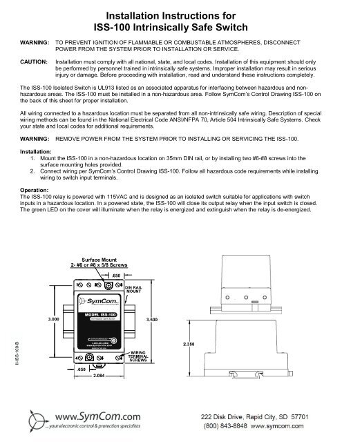 Installation Instructions for ISS-100 Intrinsically Safe Switch - SymCom