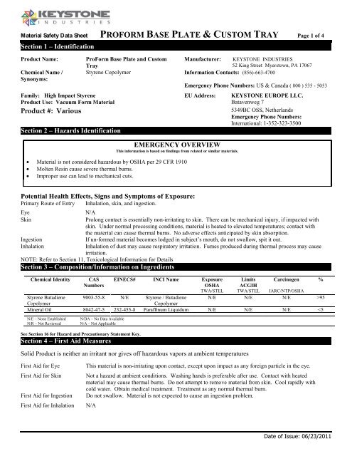 Proform Base Plate and Custom Tray - MSDS.pdf - Keystone Industries