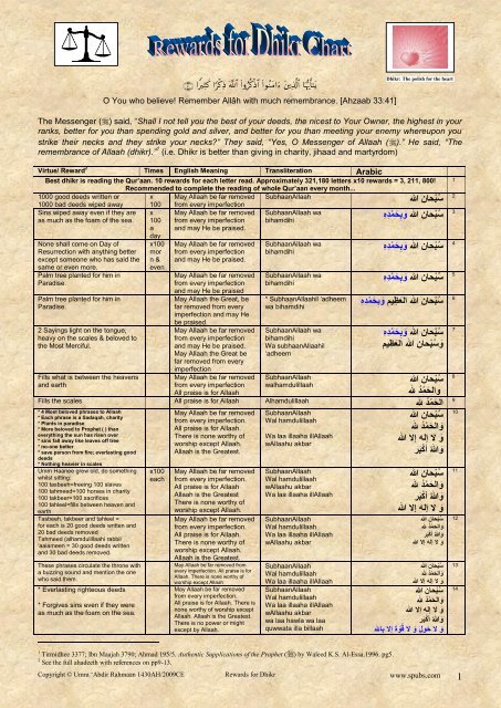 Rewards for Dhikr Chart - Net