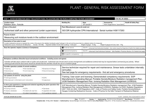 plant - general risk assessment form - Safety - University of Melbourne