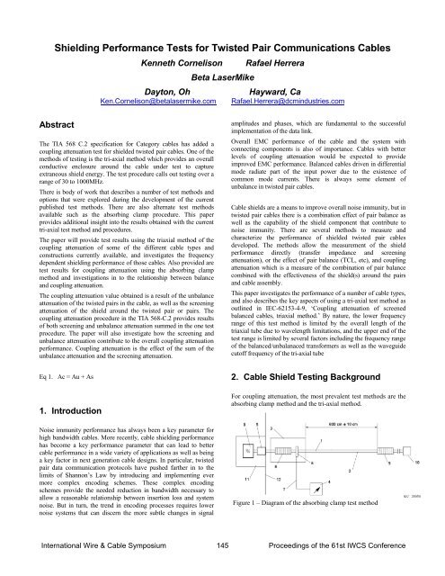 Shielding Performance Tests for Twisted Pair Communications Cables