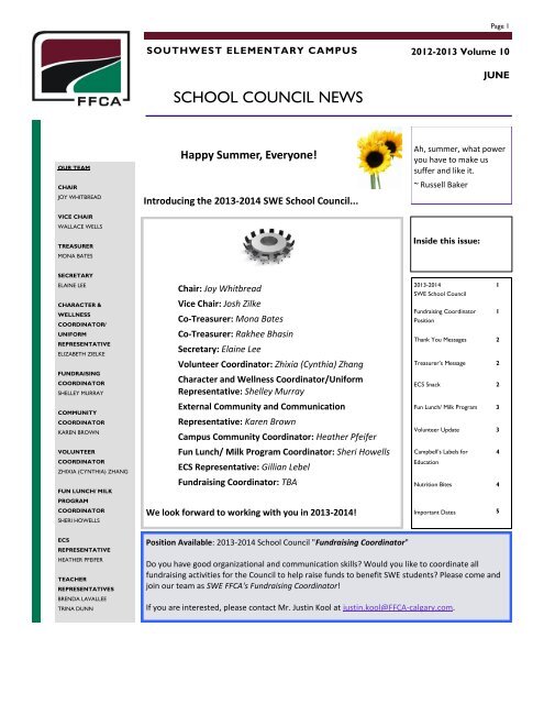 School Council Newsletter June 2013 - FFCA Campuses