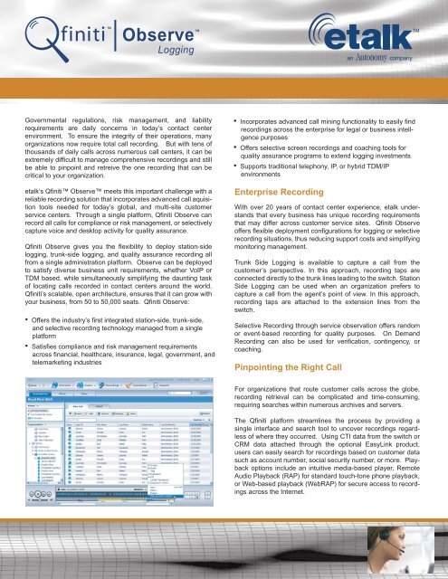 Qfiniti Observe Logging Brochure - OneWorld Infotech