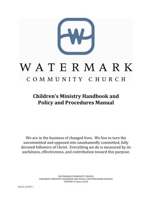 Children's Ministry Handbook and Policy and Procedures Manual