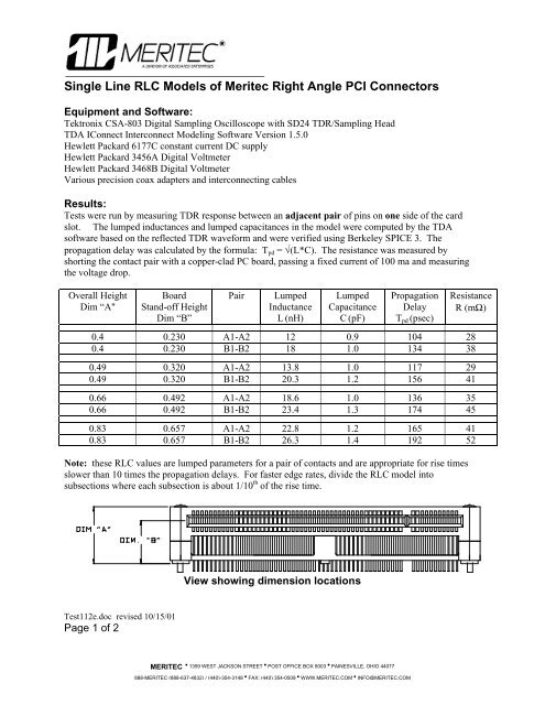 Single Line RLC Models of Meritec Right Angle PCI Connectors