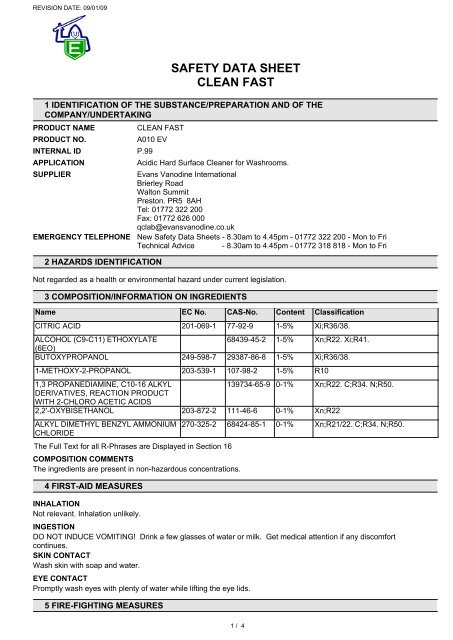 SAFETY DATA SHEET CLEAN FAST - System Hygiene Supplies