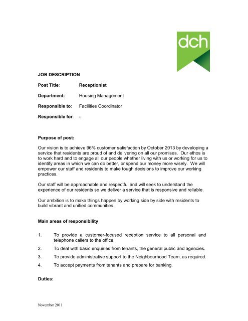 JOB DESCRIPTION Post Title: Receptionist Department ... - DCH