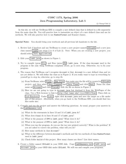 COSC 1173, Spring 2006 Java Programming Laboratory, Lab 5