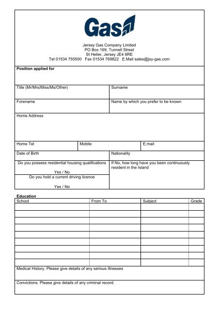 Employment Application Form - Jersey Gas