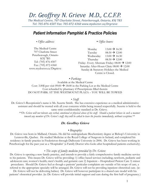 Patient Information Pamphlet & Practice Policies - Mydoctor.ca