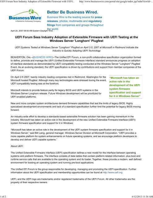 UEFI Forum Sees Industry Adoption of Extensible Firmware with UEFI ...