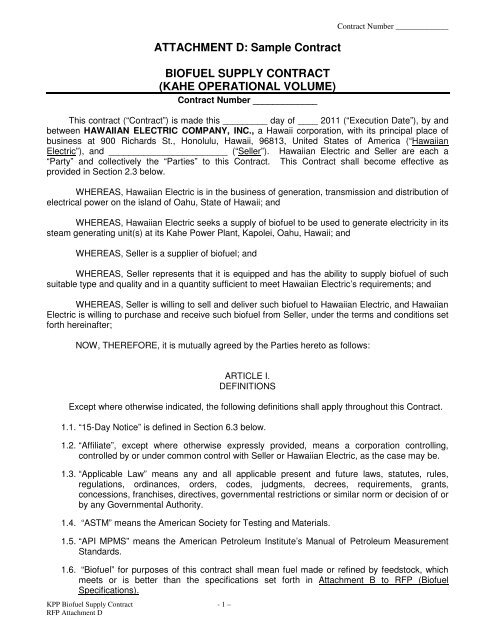 ATTACHMENT D: Sample Contract BIOFUEL SUPPLY ... - Heco.com