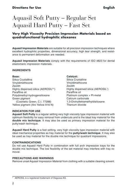 Aquasil Soft Putty â Regular Set Aquasil Hard Putty â Fast ... - Dentsply