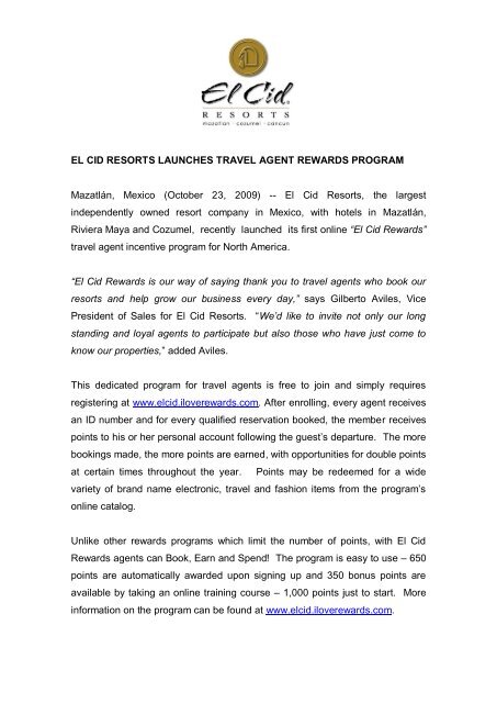 El Cid Resorts launches travel agent rewards program