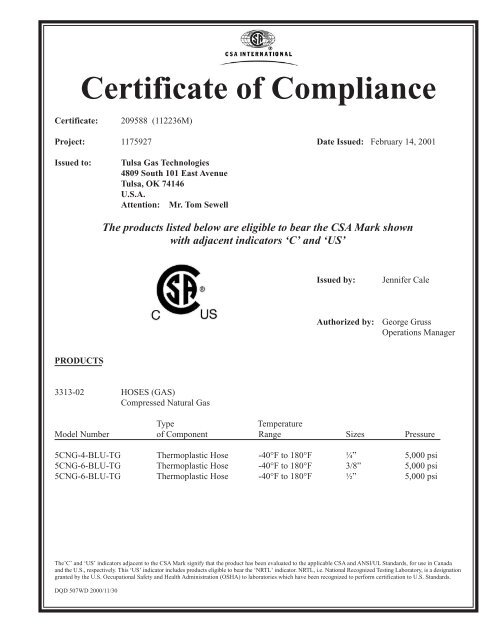 Certificate of Compliance for Hoses - Tulsa Gas Technologies