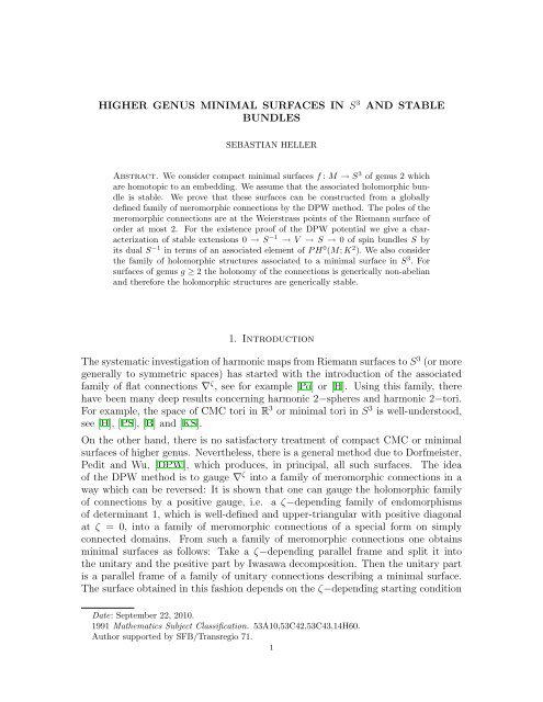 Higher genus minimal surfaces in S^3 and - SFB TR 71