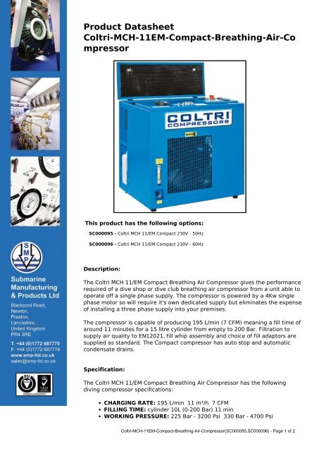 Product Datasheet: Coltri-MCH-11EM-Compact-Breathing-Air ...