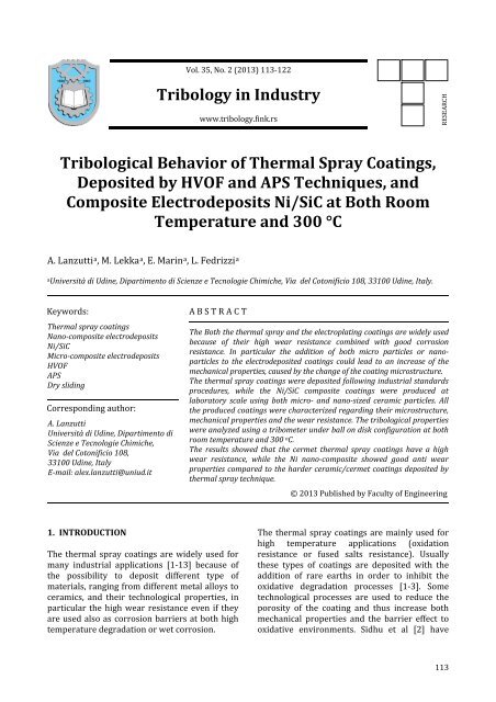 Tribological Behavior of Thermal Spray Coatings, Deposited by ...