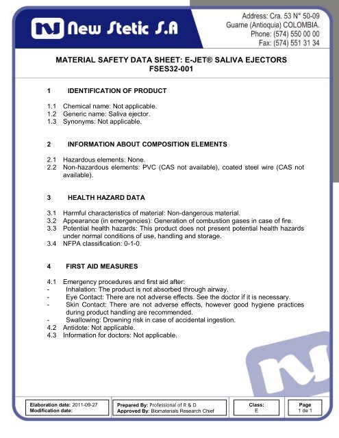 material safety data sheet: e-jetÂ® saliva ejectors fses32 ... - New Stetic