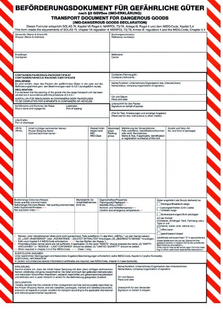 Transport Document for Dangerous Goods