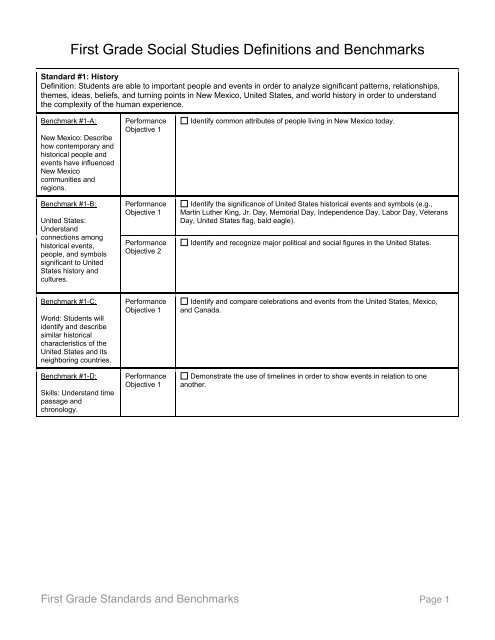 First Grade Social Studies Definitions and Benchmarks