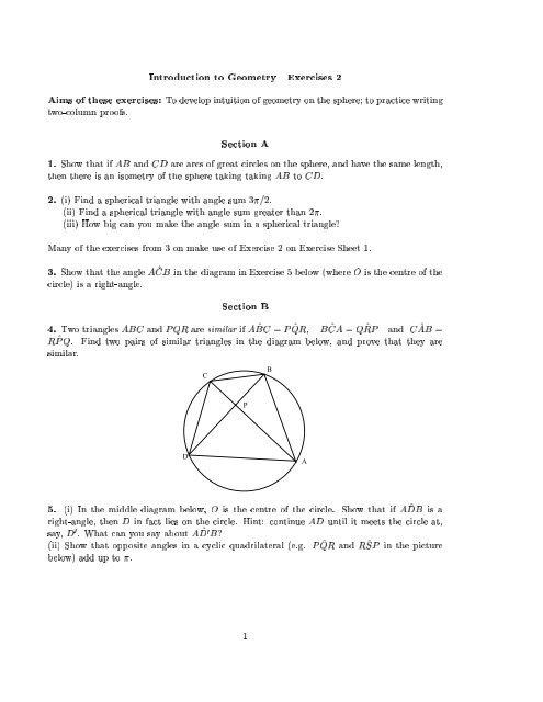 Introduction to Geometry Exercises 2 Aims of these exercises: To ...