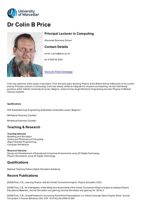 Dr Colin B Price - University of Worcester