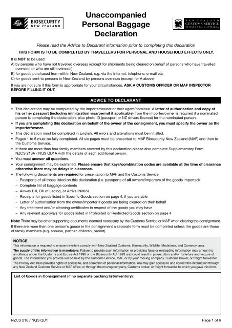 Unaccompanied Personal Baggage Declaration - Travel Cargo