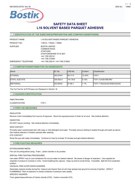 safety data sheet l16 solvent based parquet adhesive - Wickes