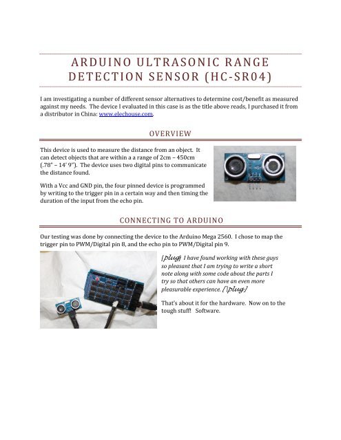 Arduino Ultrasonic Range Detection Sensor Hc Sr04 Elechouse