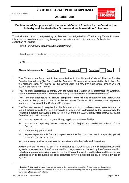 Declaration of Compliance with the National Code ... - ProjectConnect