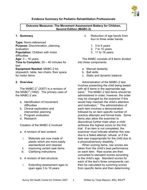 Evidence Summary: Alberta Infant Motor Scale (AIMS) - Therapy BC