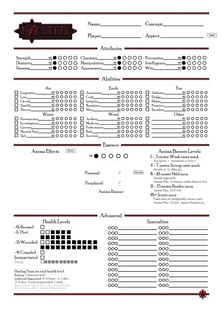 The complete character sheet - Standard - Exalted, character sheets
