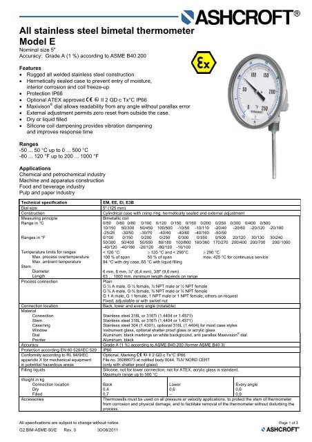 All stainless steel bimetal thermometer Model E - Ashcroft