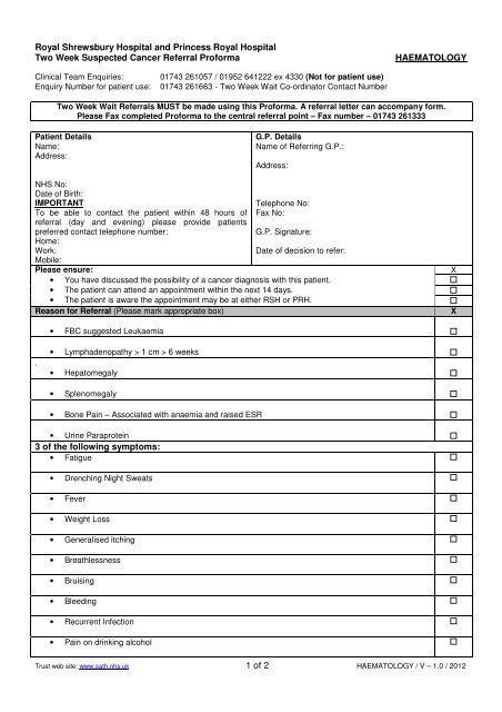 Haematology Two-Week Wait Referral Proforma - Royal Shrewsbury ...