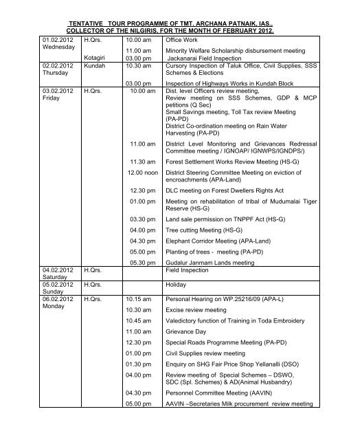 tentative tour programme of tmt. archana patnaik, ias ... - Nilgiris