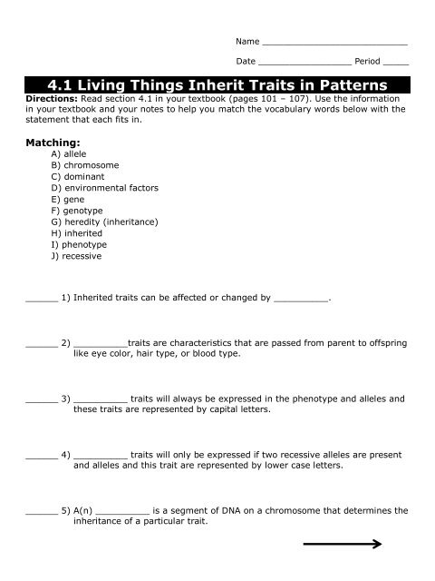 Genetic Traits Worksheet