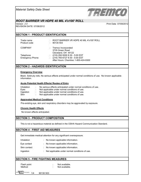 Root Barrier VR HDPE 40 MIL 4' x 100' Roll - US MSDS