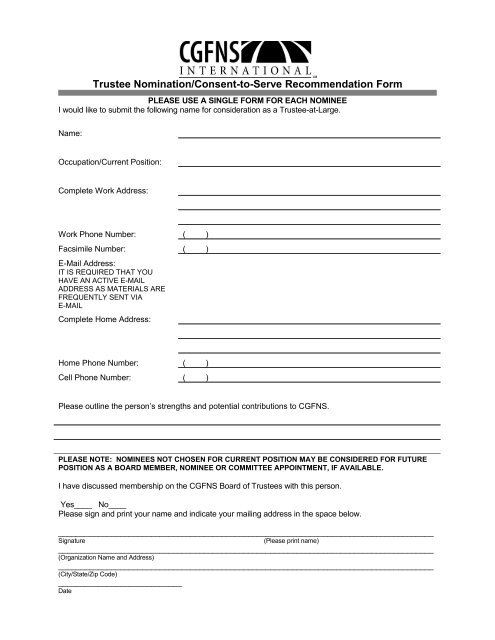 Trustee Nomination/Consent-to-Serve Recommendation Form - Cgfns