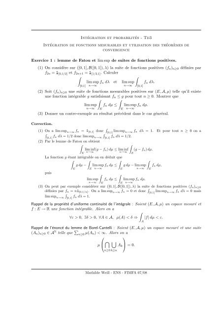 IntÃ©gration et probabilitÃ©s - Td3 IntÃ©gration de fonctions ... - DMA ...