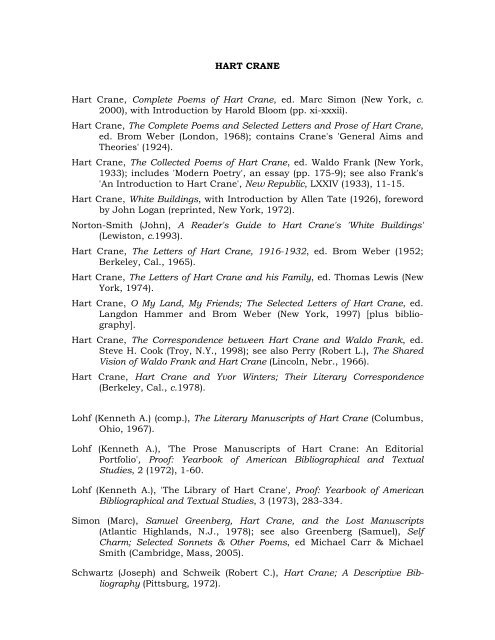 HART CRANE Hart Crane, Complete Poems of Hart Crane, ed. Marc ...