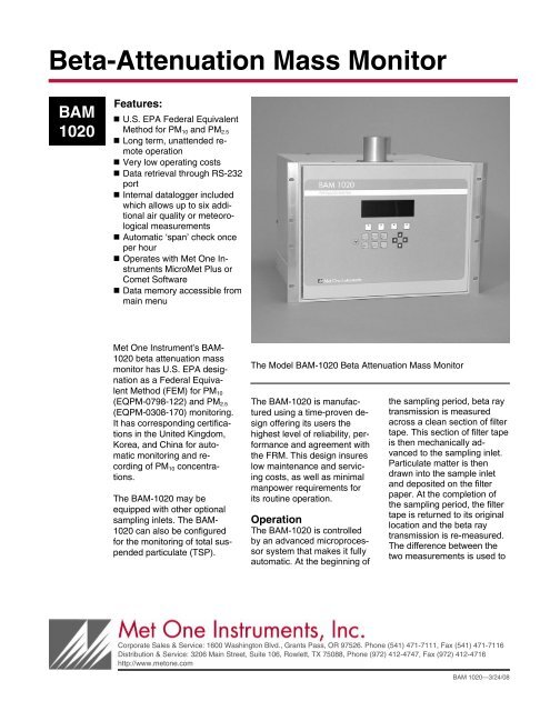 Beta-Attenuation Mass Monitor BAM 1020 - Met One Instruments
