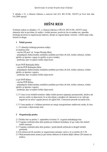 Hišni red - priloga 1 - Osnovna šola prof. dr. Josipa Plemlja Bled