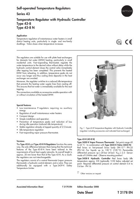 Data Sheet T 2178 EN Self-operated Temperature Regulators ...
