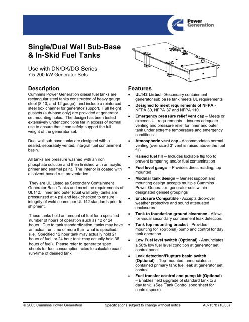 Single/Dual Wall Sub-Base & In-Skid Fuel Tanks