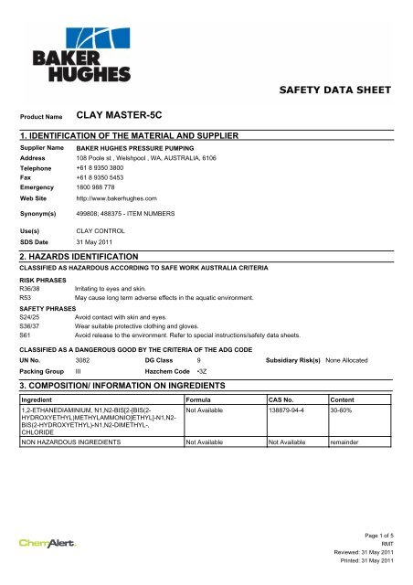 BJ Services MSDS - CLAYMASTER 5C - Santos